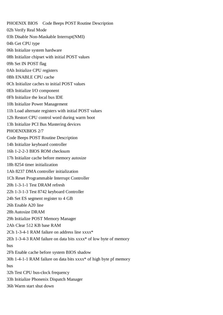 PHOENIX BIOS Code Beeps POST Routine Description | IT Information Technology